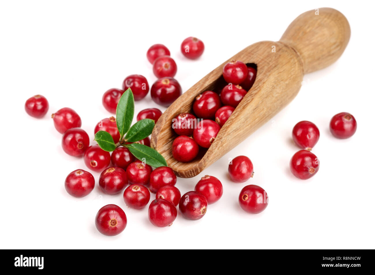Cranberry with leaf in wooden scoop isolated on white background ...