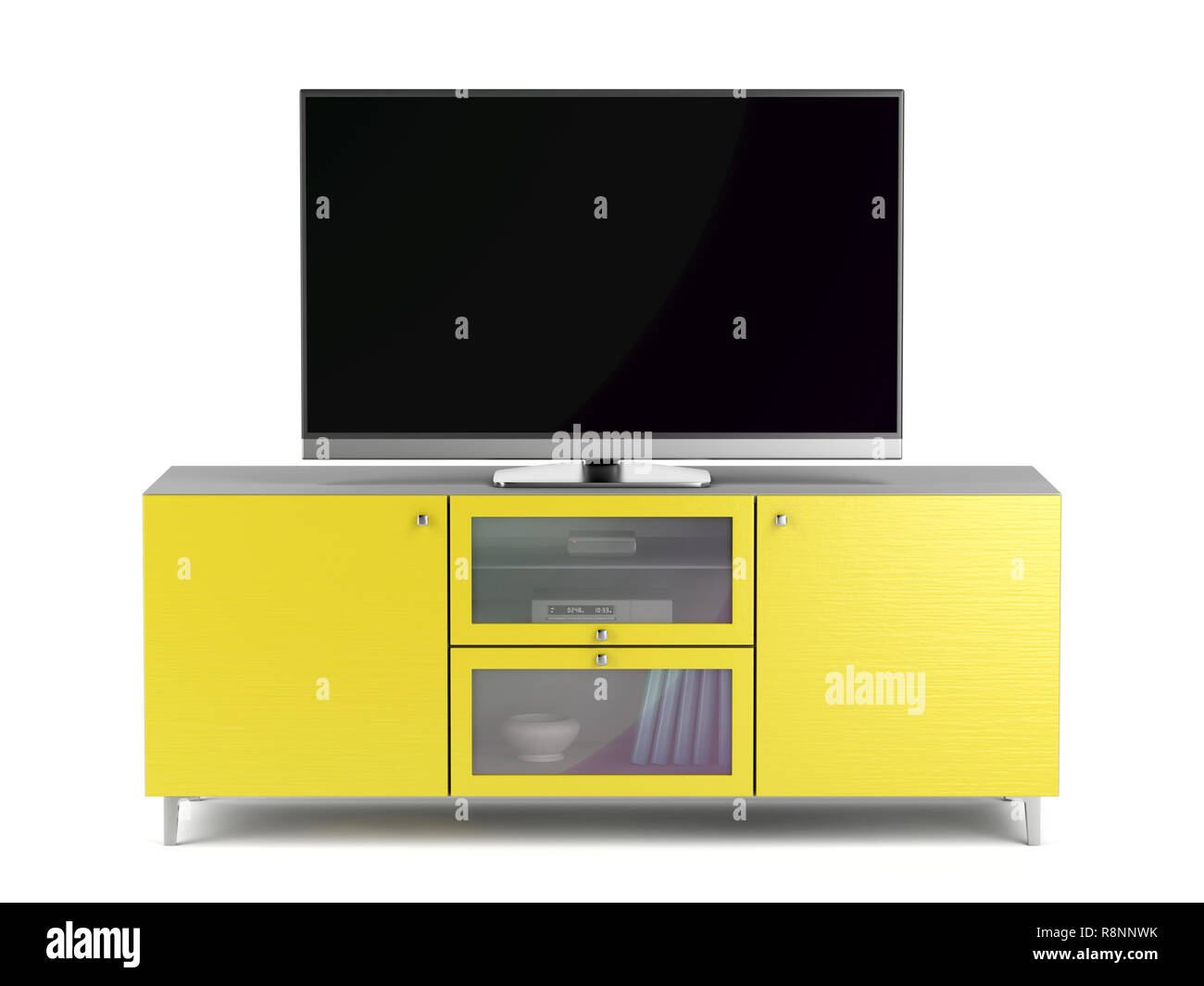 Tv with blank screen on modern yellow tv cabinet Stock Photo - Alamy