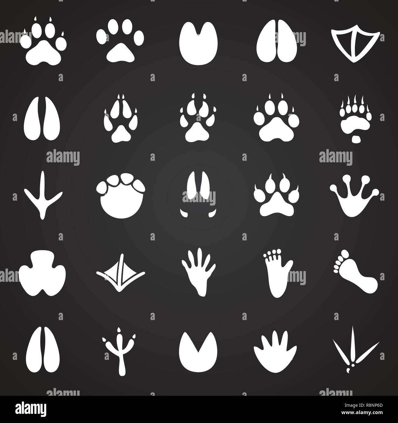 Animal foot prints icons set on black background for graphic and web ...