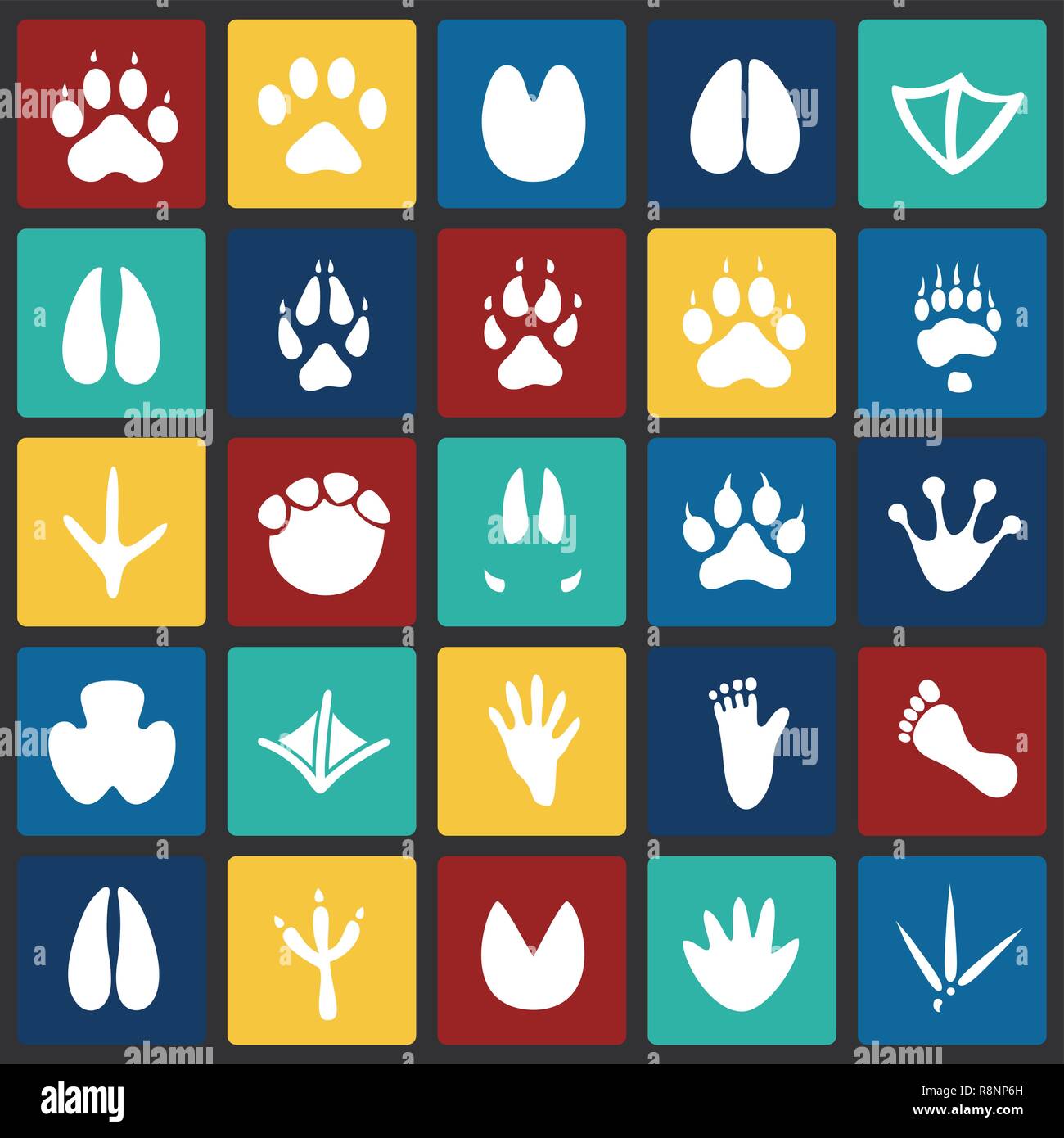 Animal foot prints icons set on color squares background for graphic ...