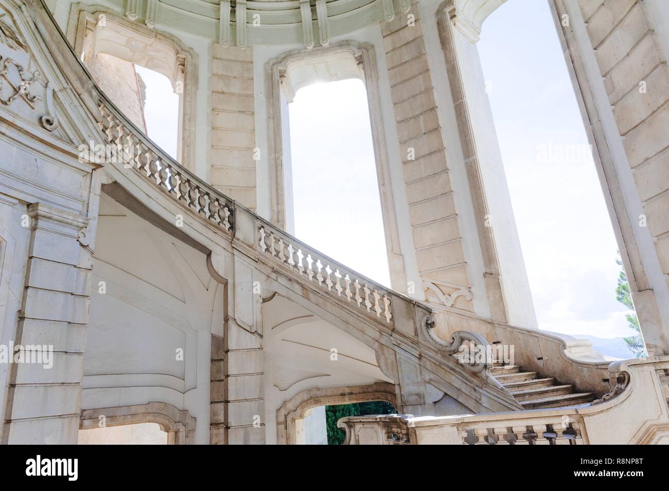 Padula, Italy - September 2018: The flight of steps of the cloister of ...