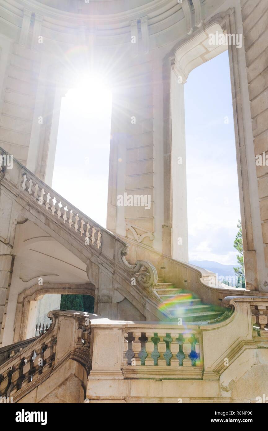 Padula, Italy - September 2018: The flight of steps of the cloister of ...
