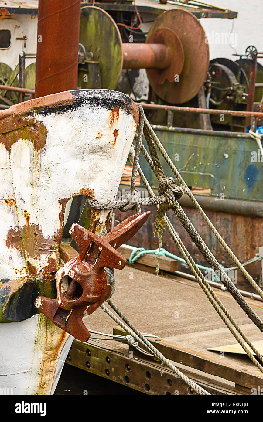 old painted fishing boat details with ropes and rust Stock Photo - Alamy