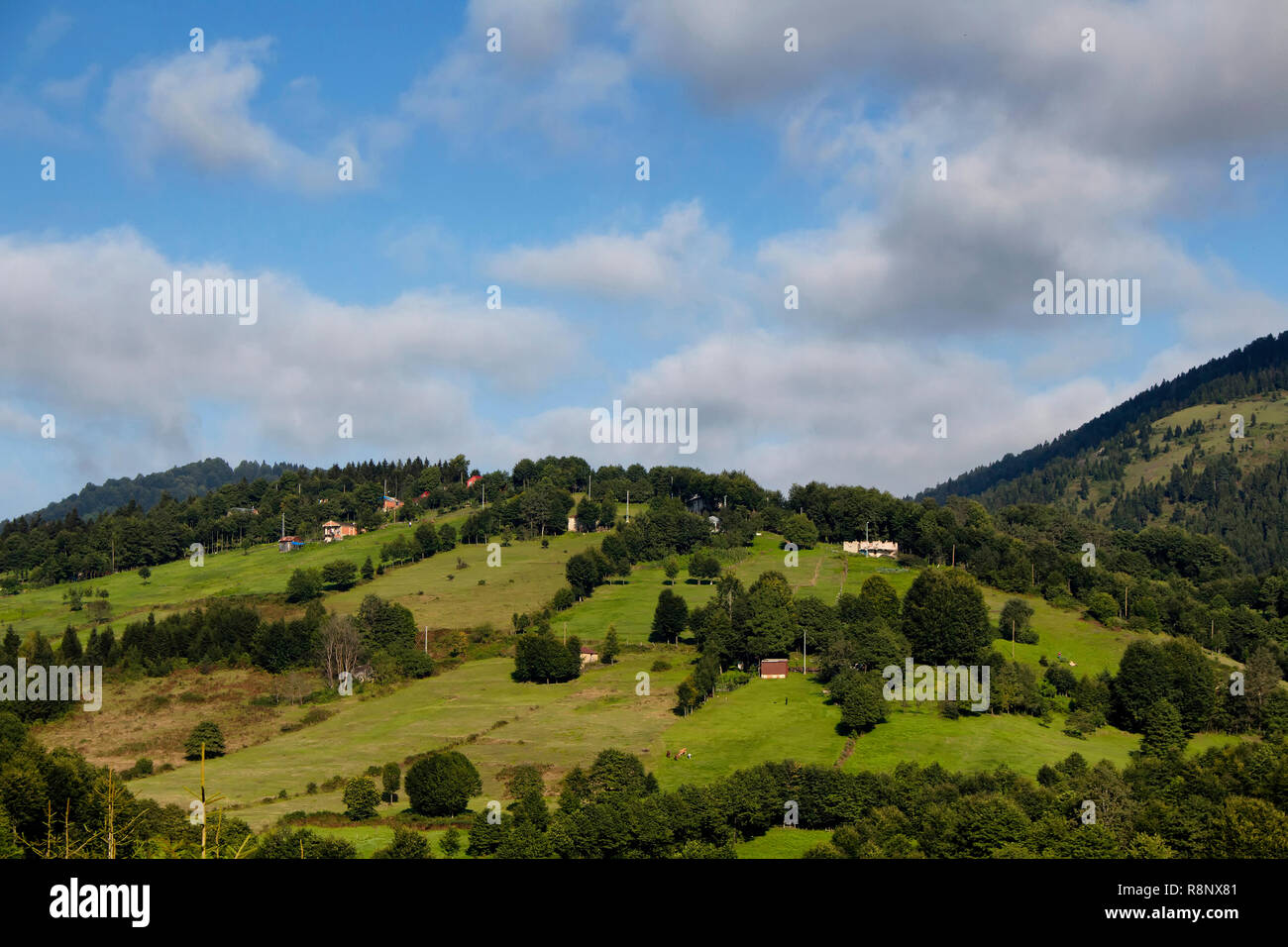 View of high plateau village, mountains and forest creating beautiful ...
