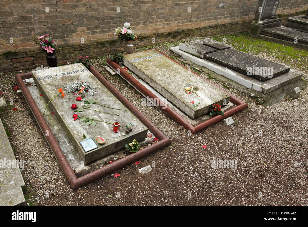 Graves of Russian composer Igor Stravinsky (1882-1971) and his second ...