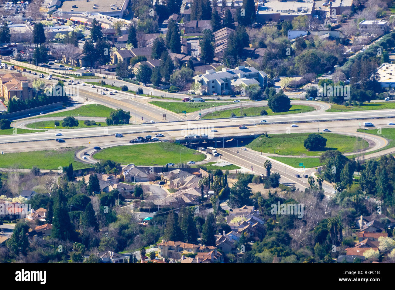 Aerial view of highway junction, Fremont, east San Francisco bay ...