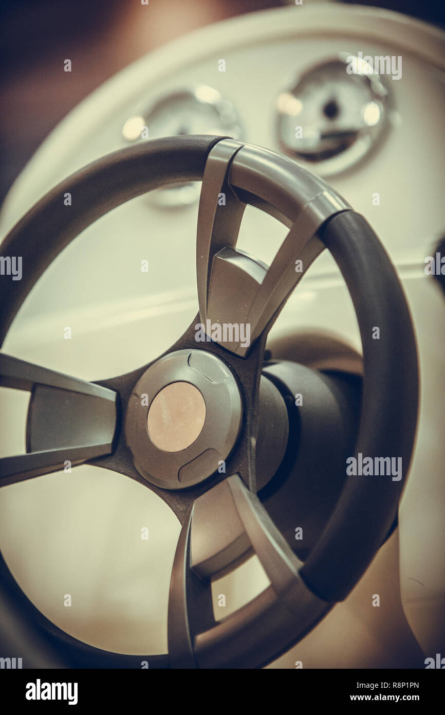 Color close up shot of the steering wheel of a motor boat Stock Photo ...
