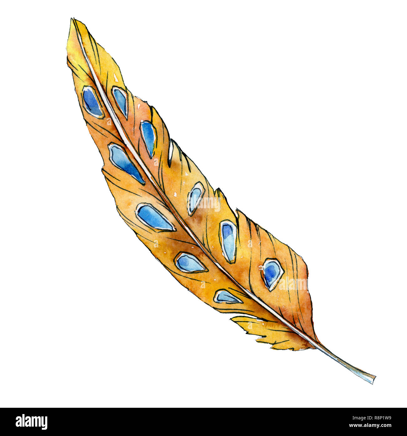 Yellw feater. Watercolor bird feather from wing isolated. Aquarelle ...