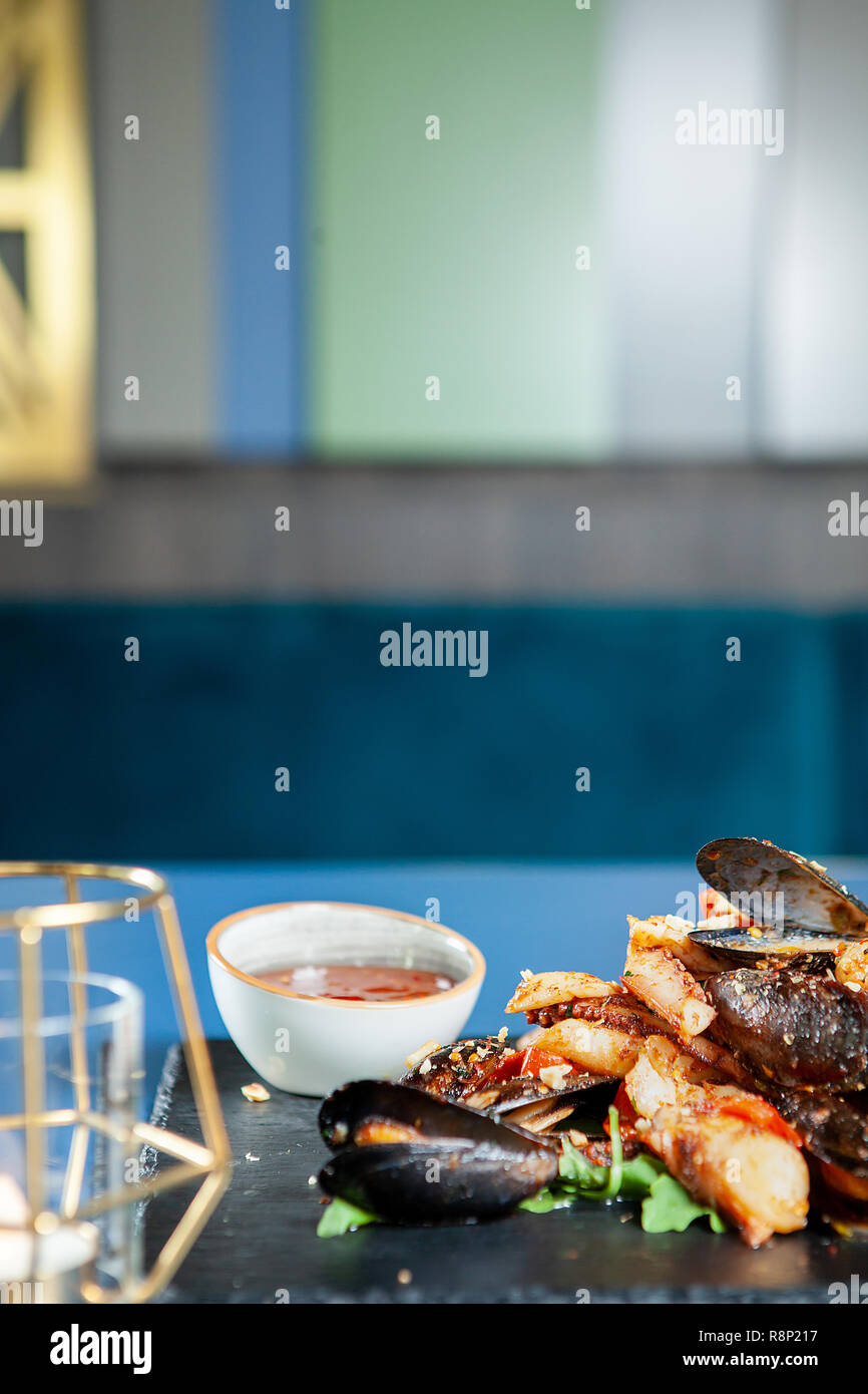 Fine seafood cuisine in luxury restaurant. Mediterranean food Stock ...