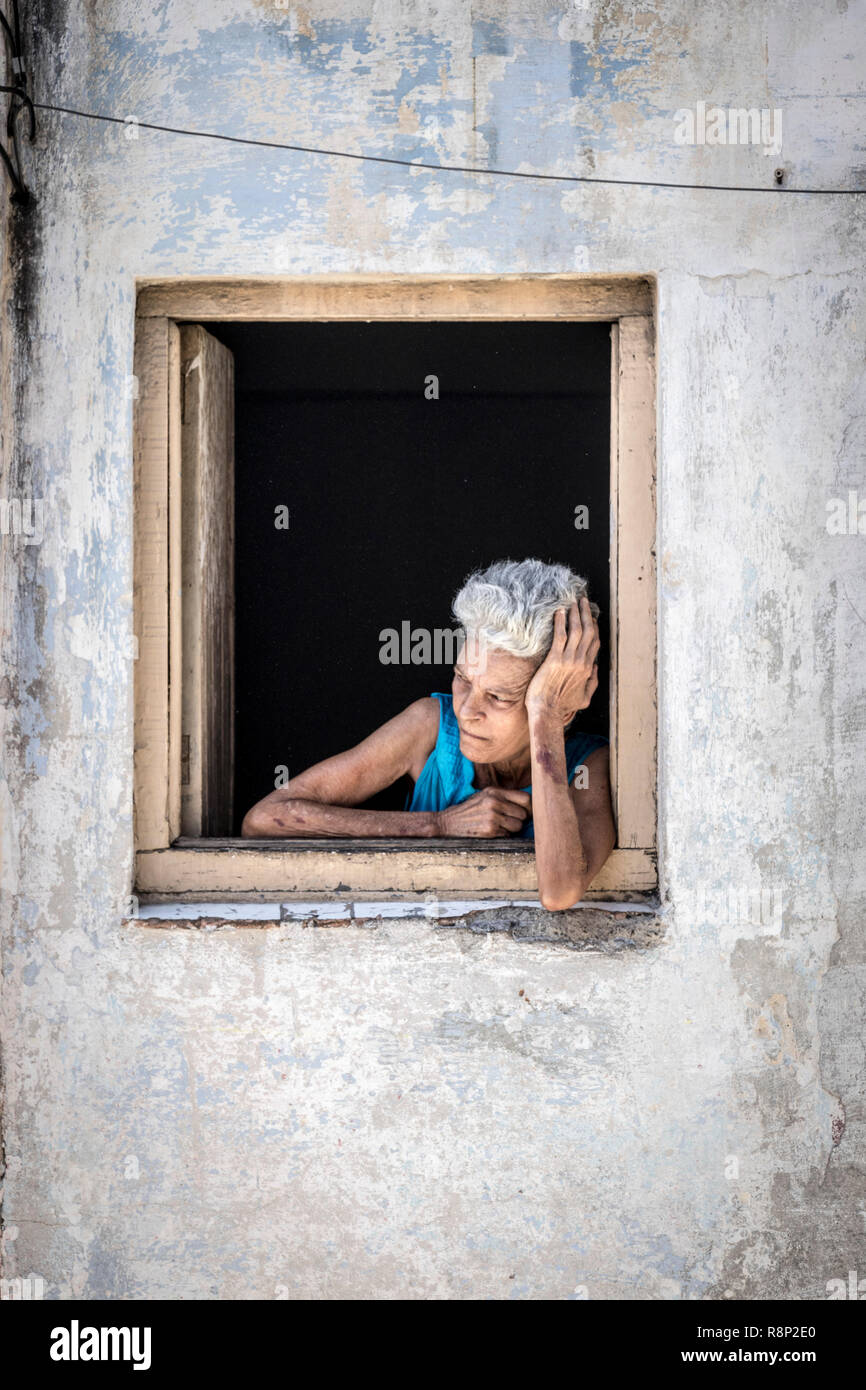 Old cuban woman leaning out of street window in Havana Cuba Stock Photo ...