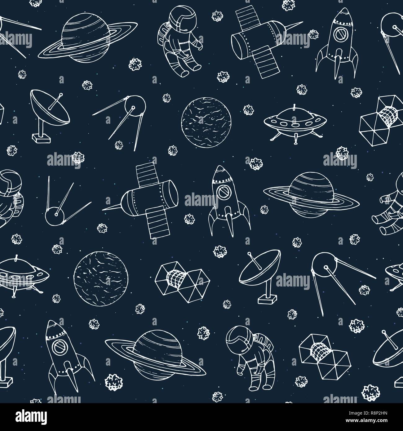 Vector seamless pattern with cosmonauts, satelites, rockets, planets ...