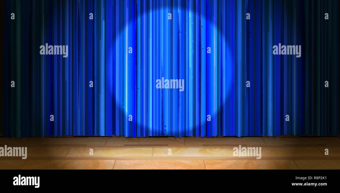 Bright empty beige wooden stage with blue curtain drape and round spot ...