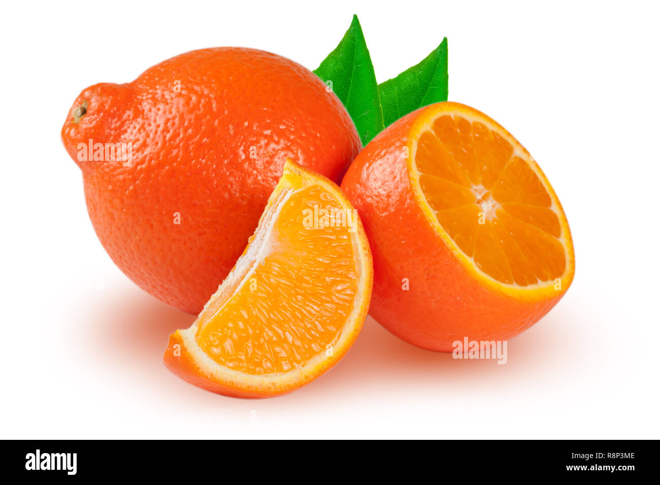 orange tangerine or Mineola with half slices and leaf isolated on white ...