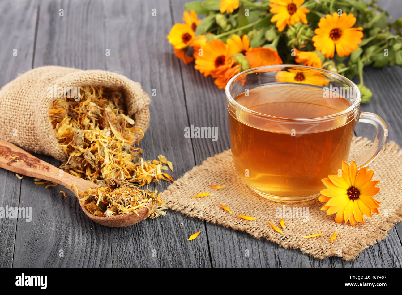 Tea of dried calendula and marigold flowers hi-res stock photography ...