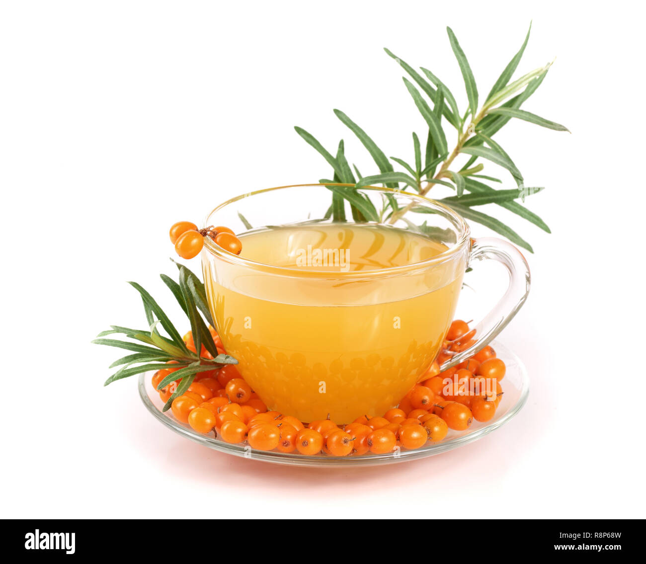 Sea buckthorn tea in a glass with berries isolated on a white ...