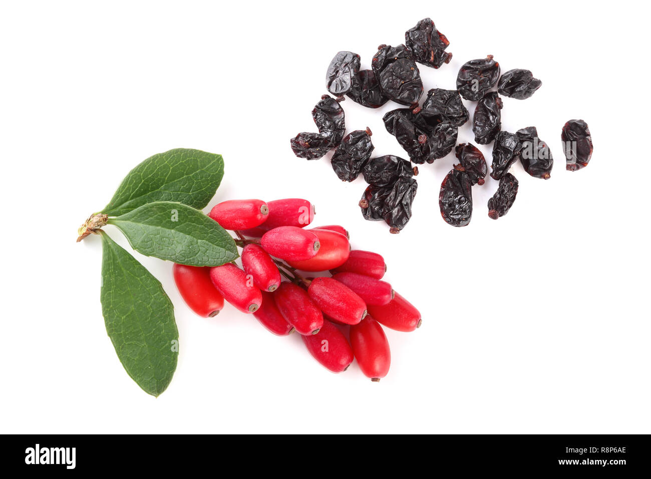 dried and fresh barberry with leaves isolated on white background. top ...