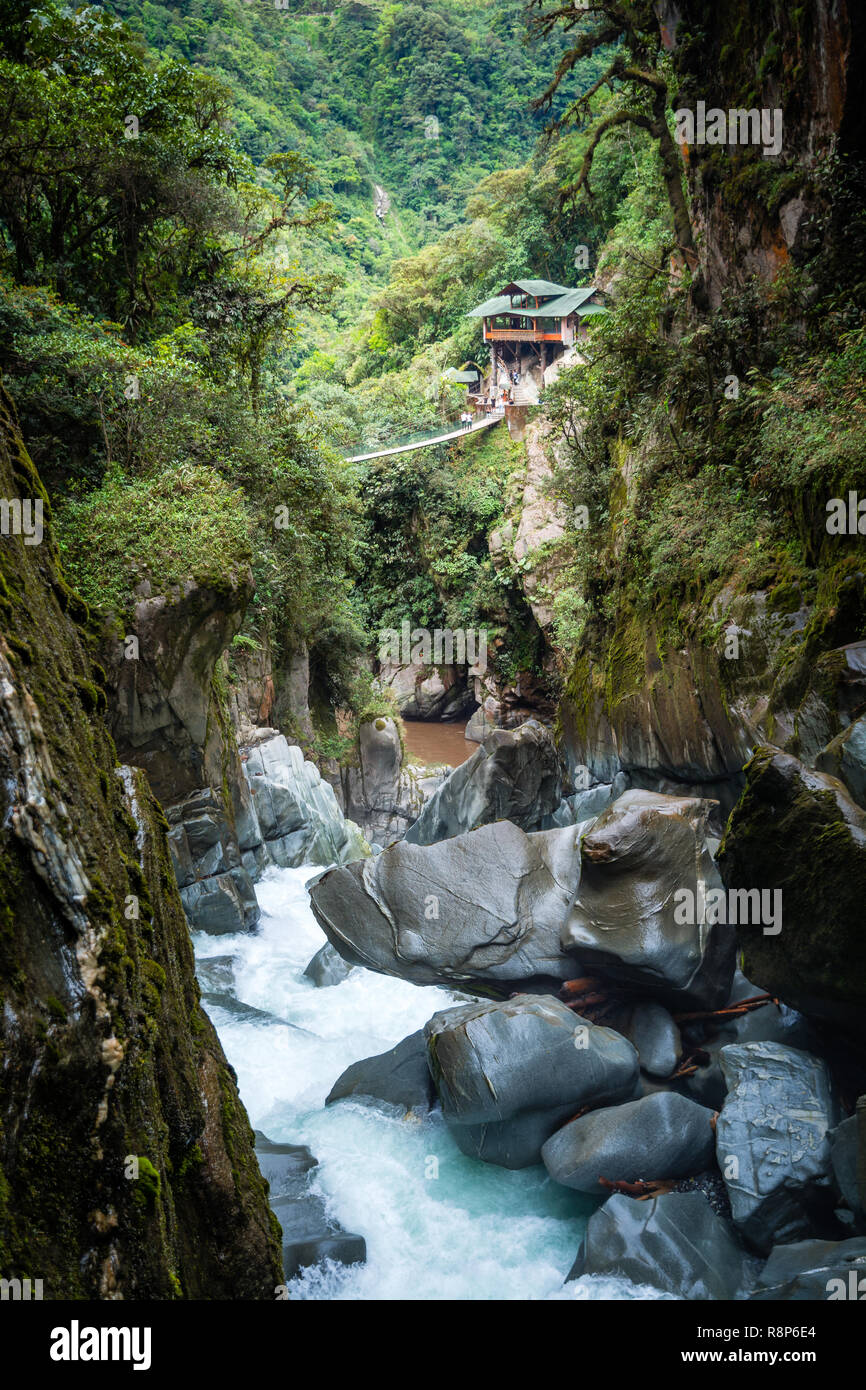 Brave river and suspension bridge over the Green River in Ecuador Stock ...