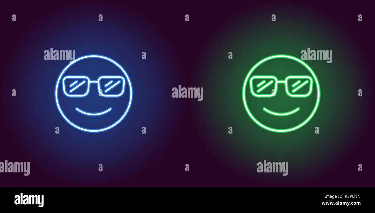 Neon illustration of cool emoji. Vector icon of cartoon smiling emoji ...