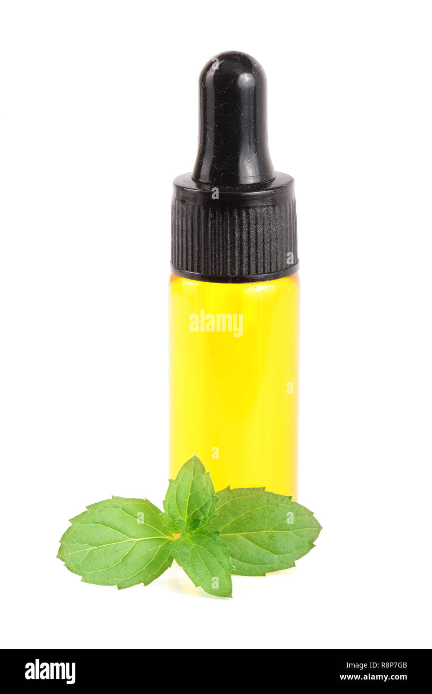 bottle of peppermint oil and fresh mint isolated on white background ...