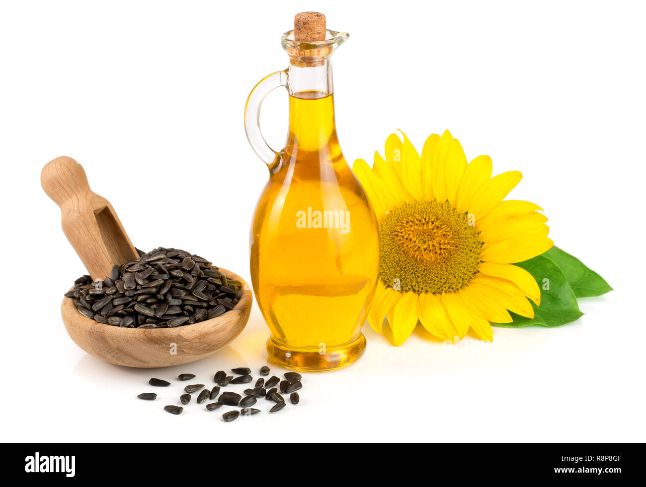 Sunflower oil, seeds and flower isolated on white background Stock ...