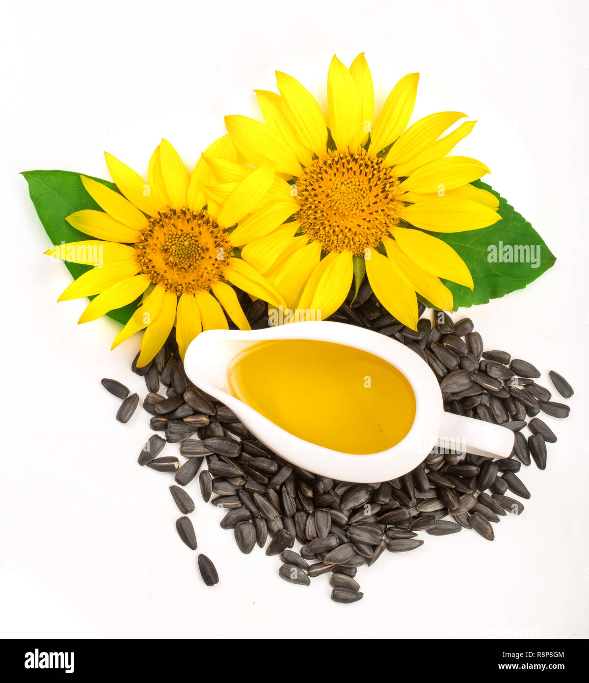 Sunflower oil, seeds and flower isolated on white background. Top view ...