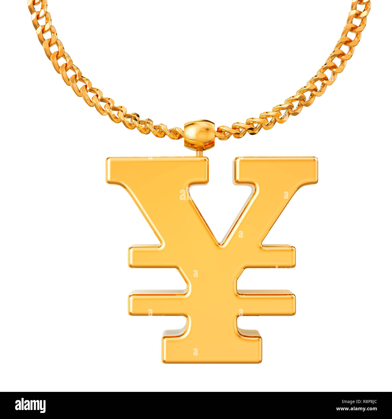Gold yen or yuan symbol on golden chain, 3D rendering isolated on white ...
