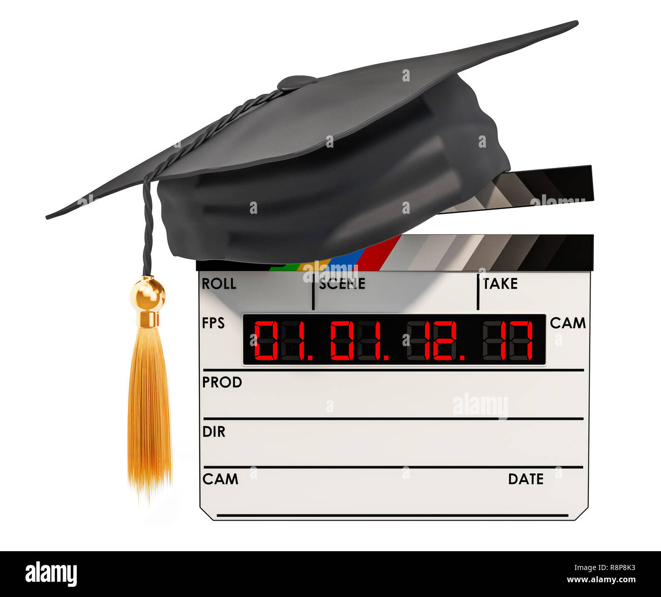Movie clapperboard with graduation cap. Education in film school ...