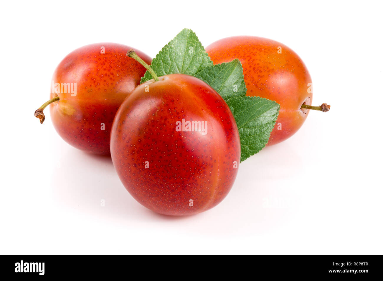 red plums with leaves isolated on white background Stock Photo - Alamy