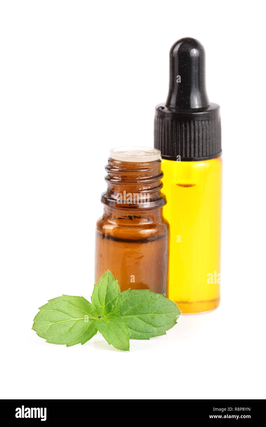 bottle of peppermint oil and fresh mint isolated on white background ...
