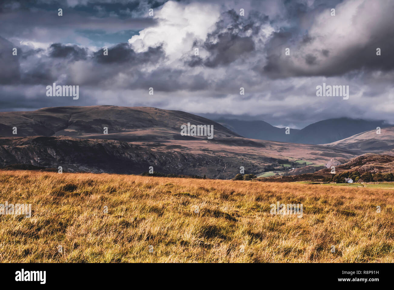 Beautiful sky with clouds rolling over scenic mountain valley and light ...