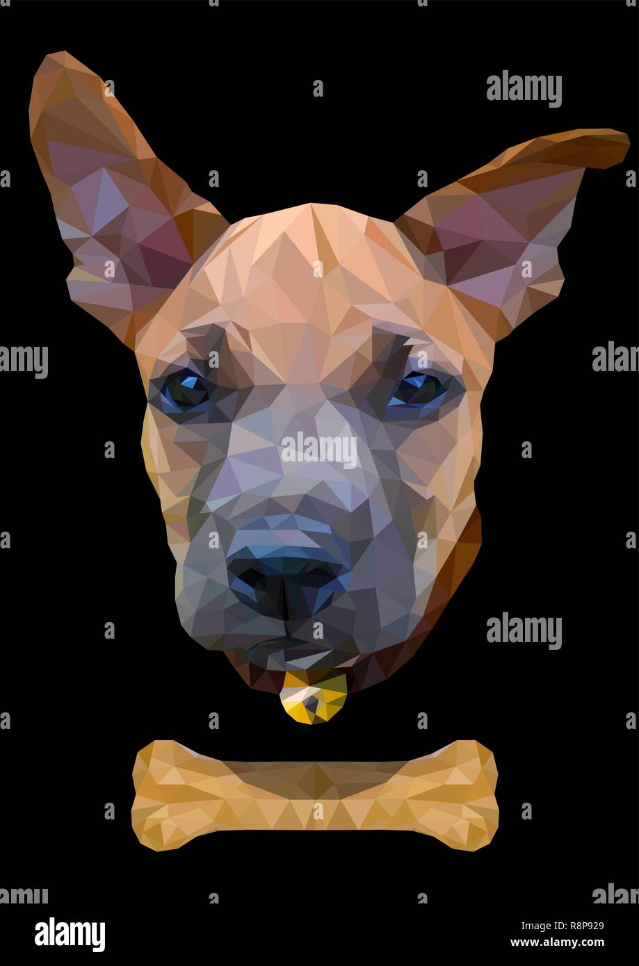 3D Illustration polygonal drawing of thai ridgeback puppy with bone in ...
