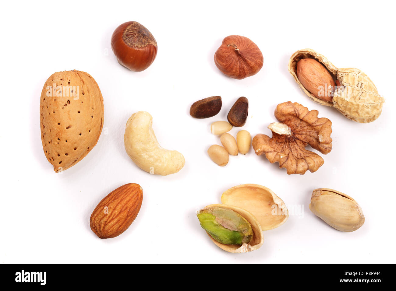 mixed of nuts isolated on white background. Almonds, cashews, peanuts ...