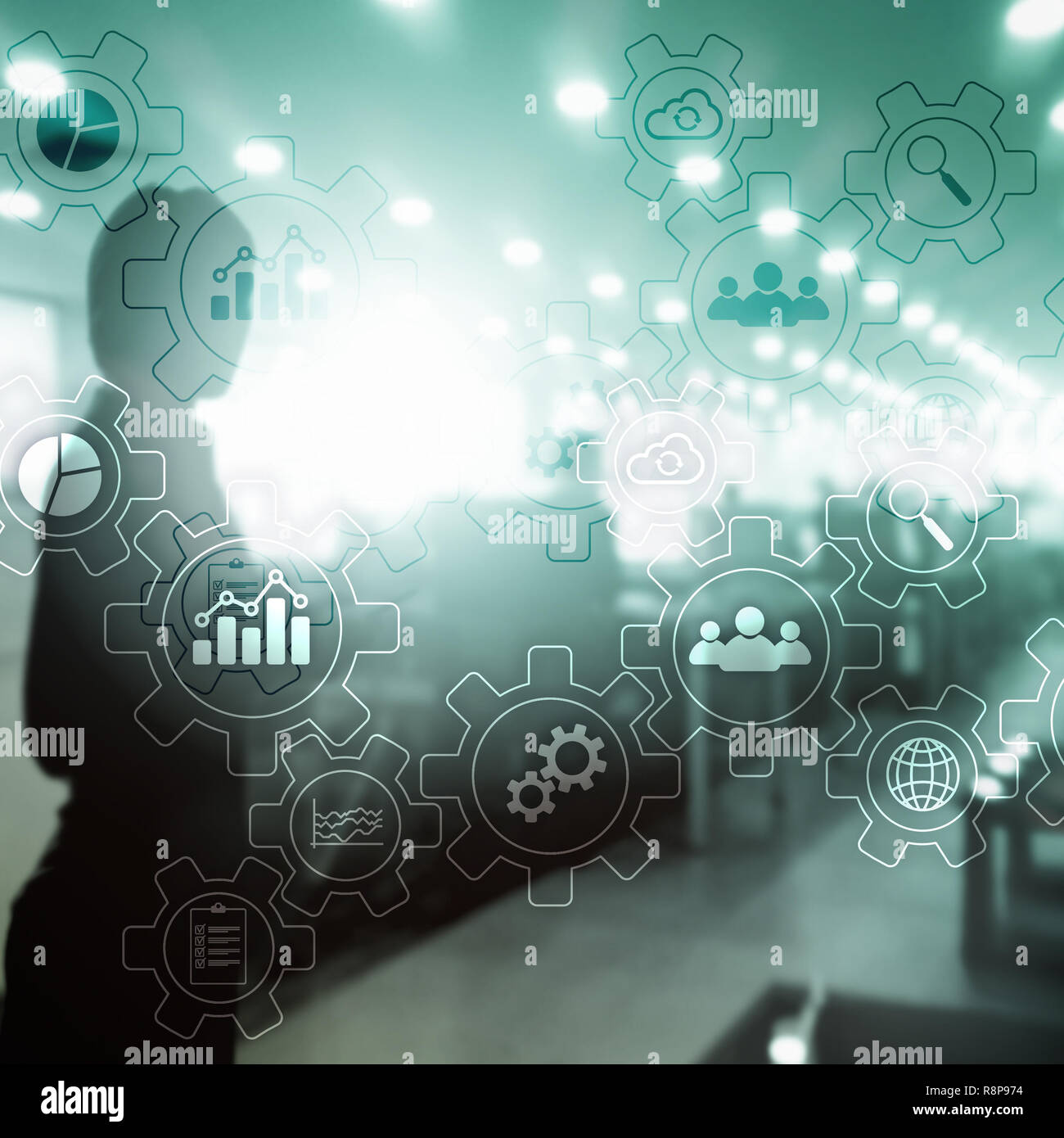 Business process abstract diagram with gears and icons. Workflow and ...