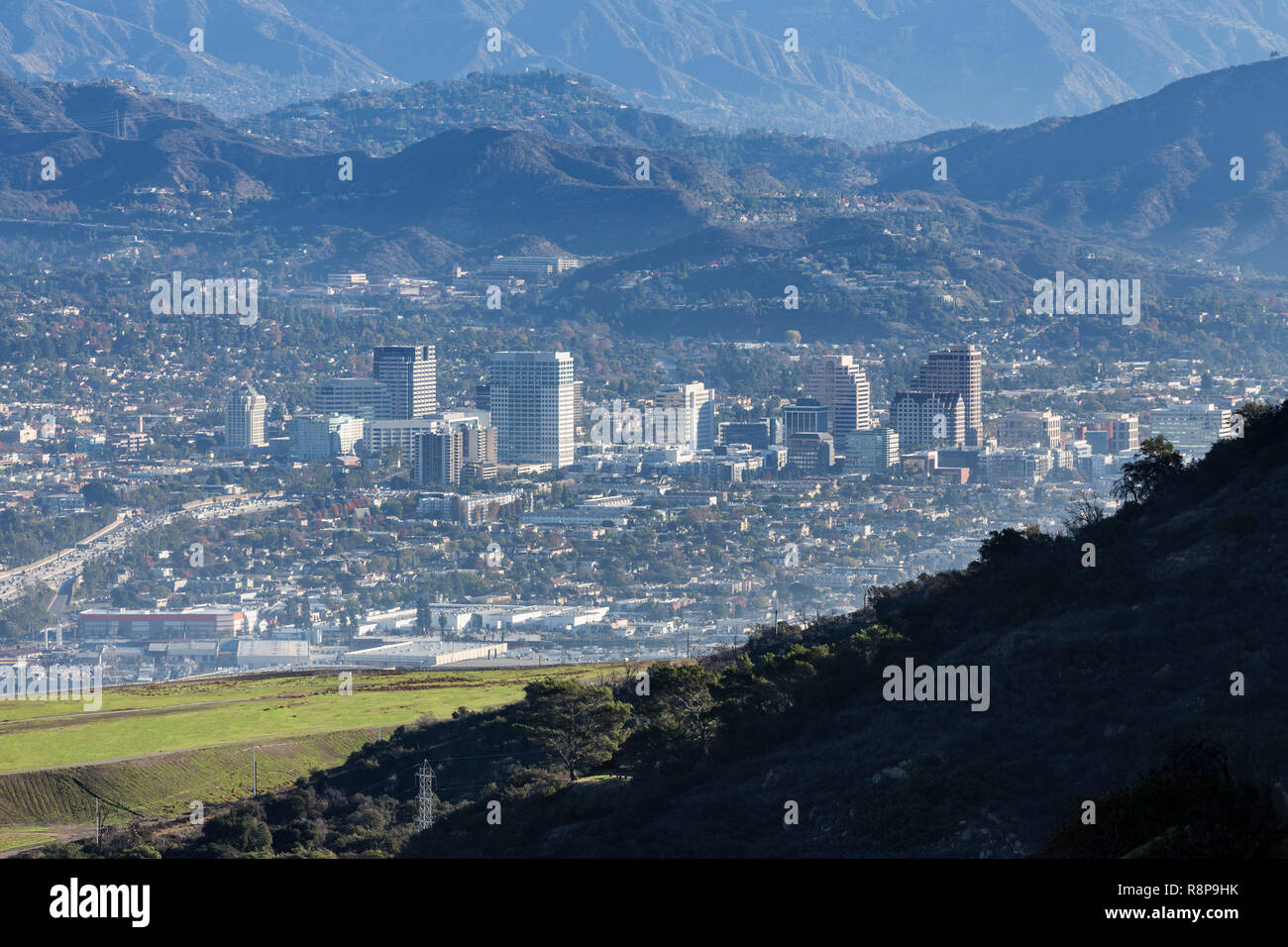 Downtown Glendale with the San Gabriel Mountains in background. View ...