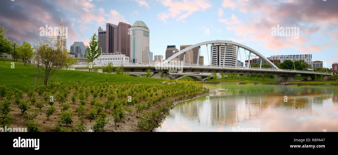 Unique perspective of the Columbus skyline with fancy bridge over the ...