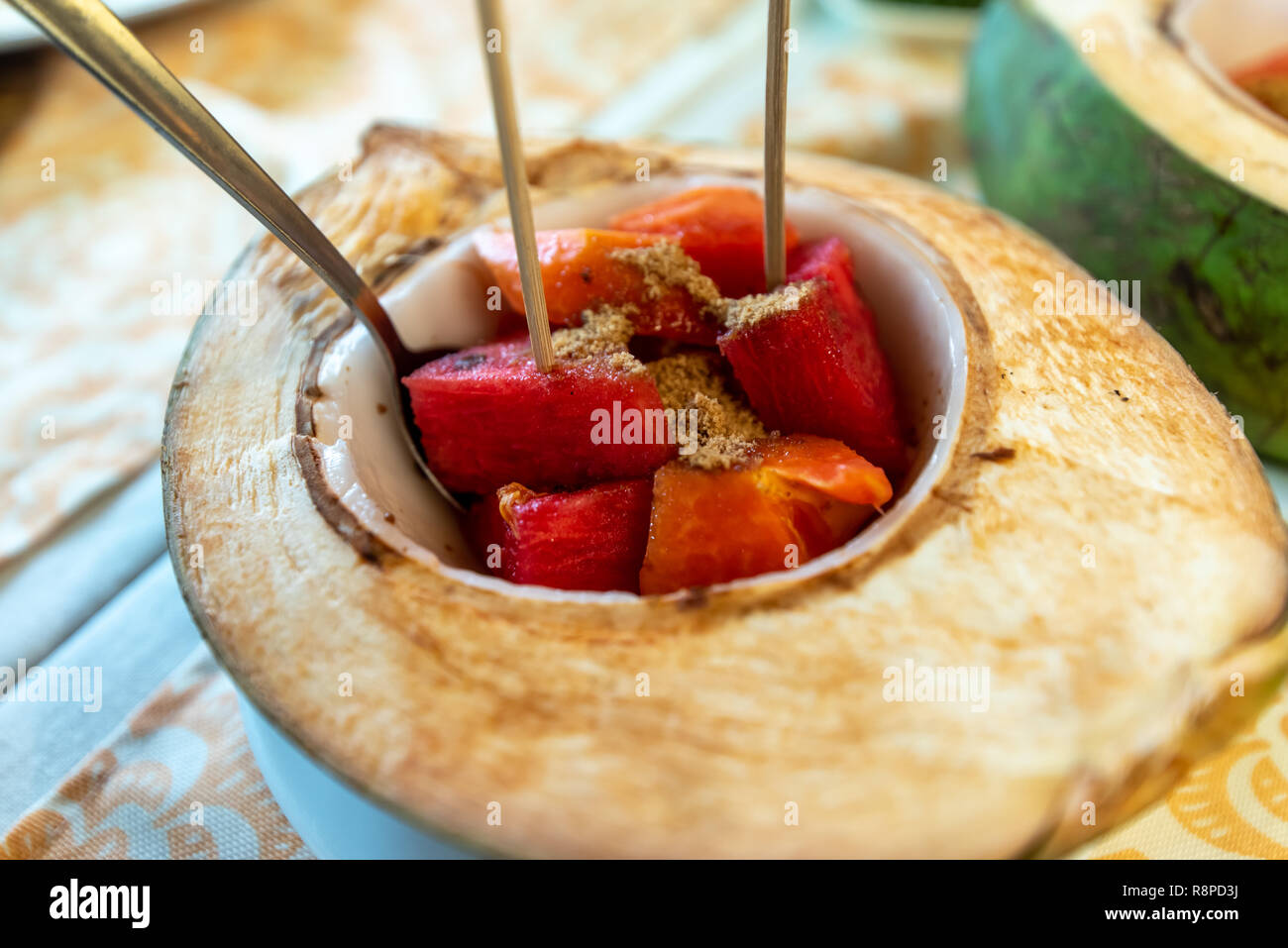 Filipino Style desert - Coconut with Watermelon and Papaya, Philippines ...