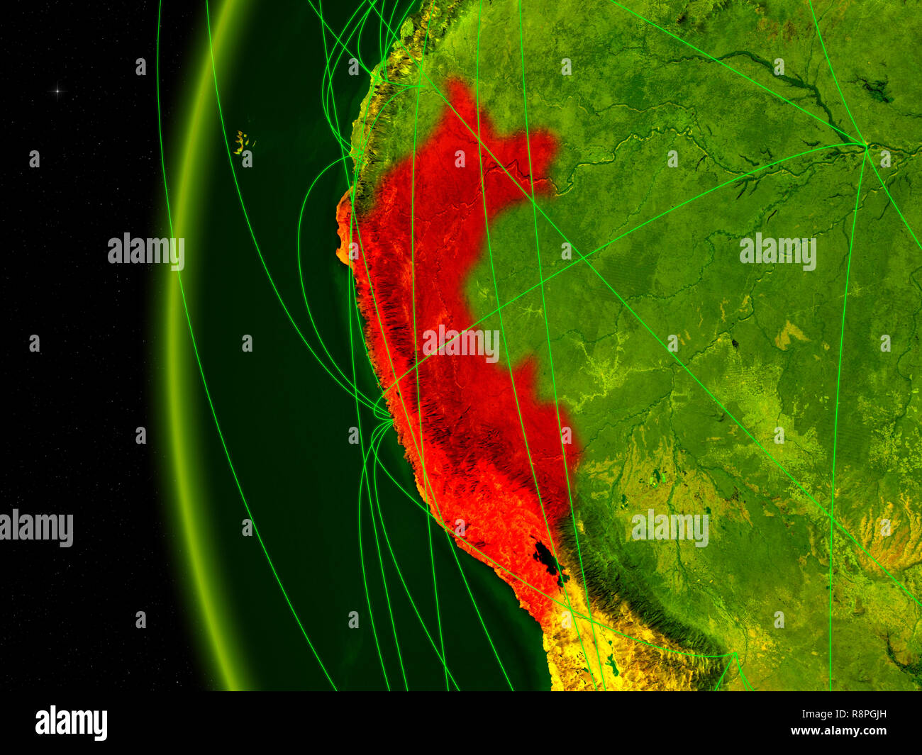 Peru from space on digital model of Earth with international networks ...