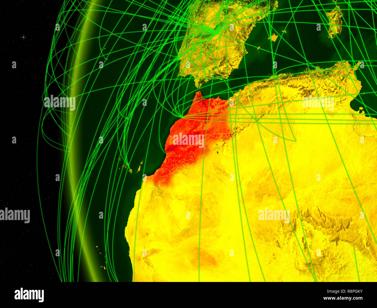 Morocco from space on digital model of Earth with international ...