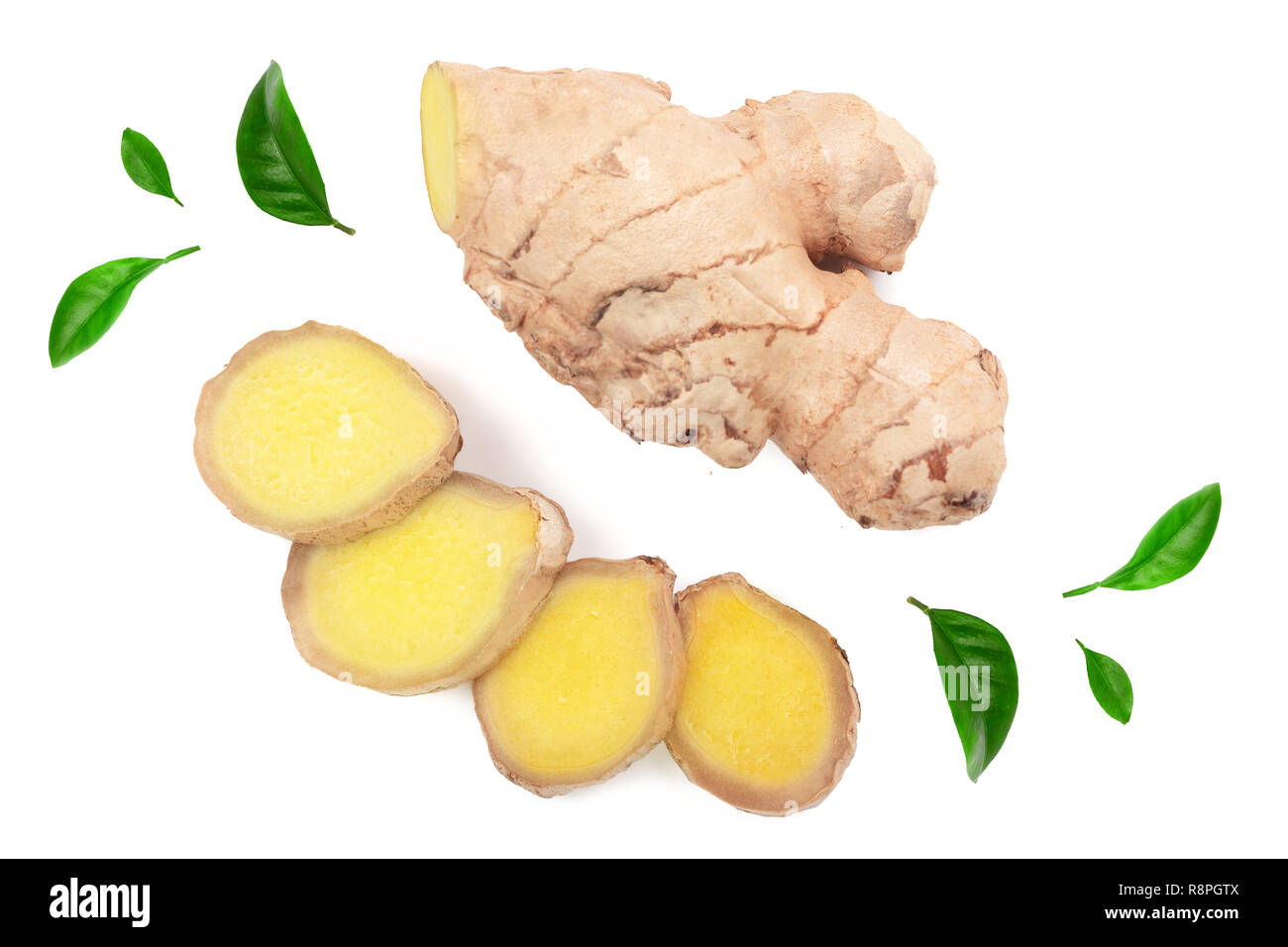 fresh Ginger root and slice isolated on white background. Top view ...
