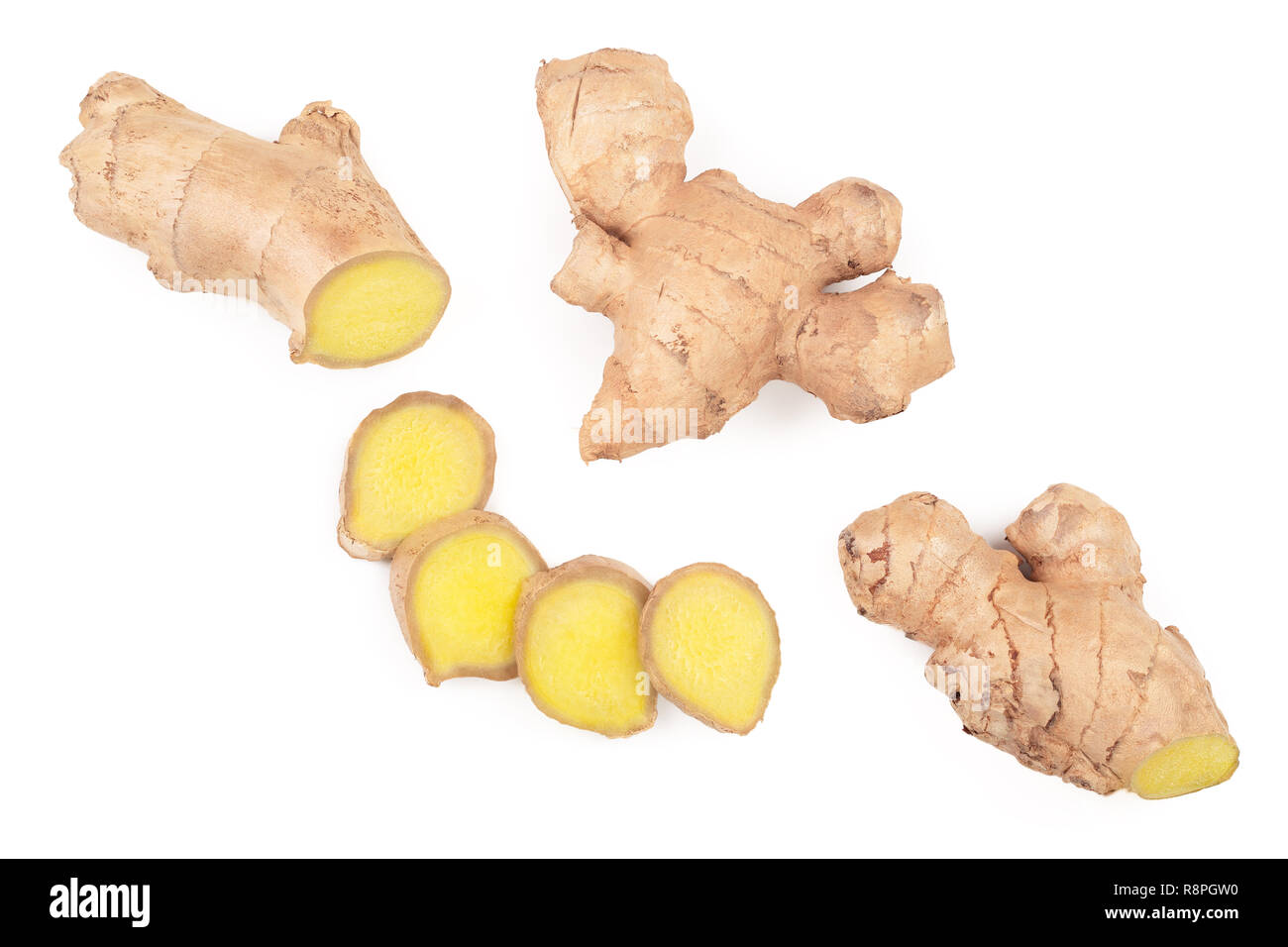 fresh Ginger root and slice isolated on white background with copy ...
