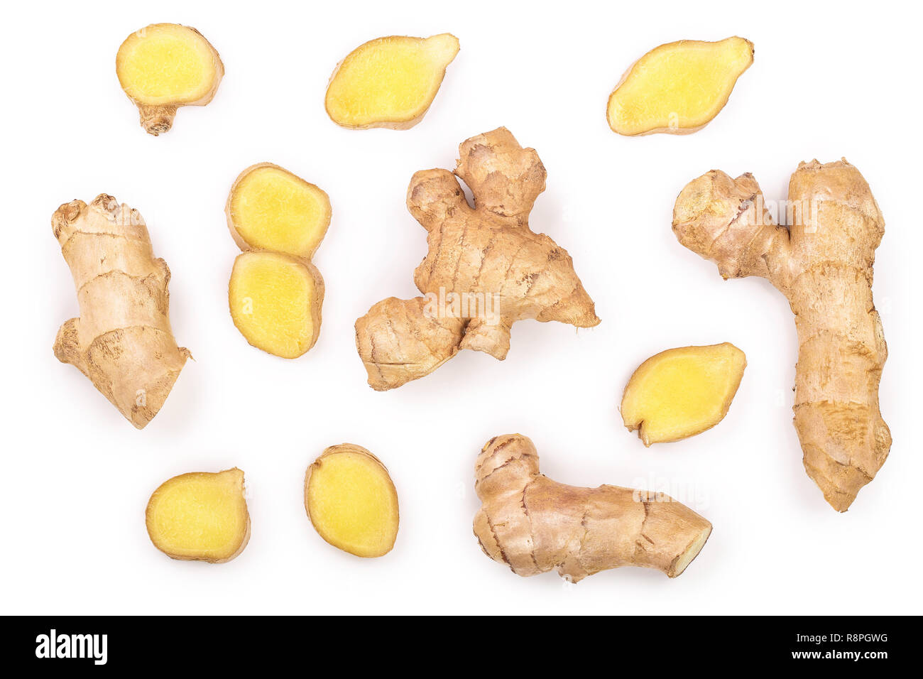 fresh Ginger root and slice isolated on white background. Top view ...