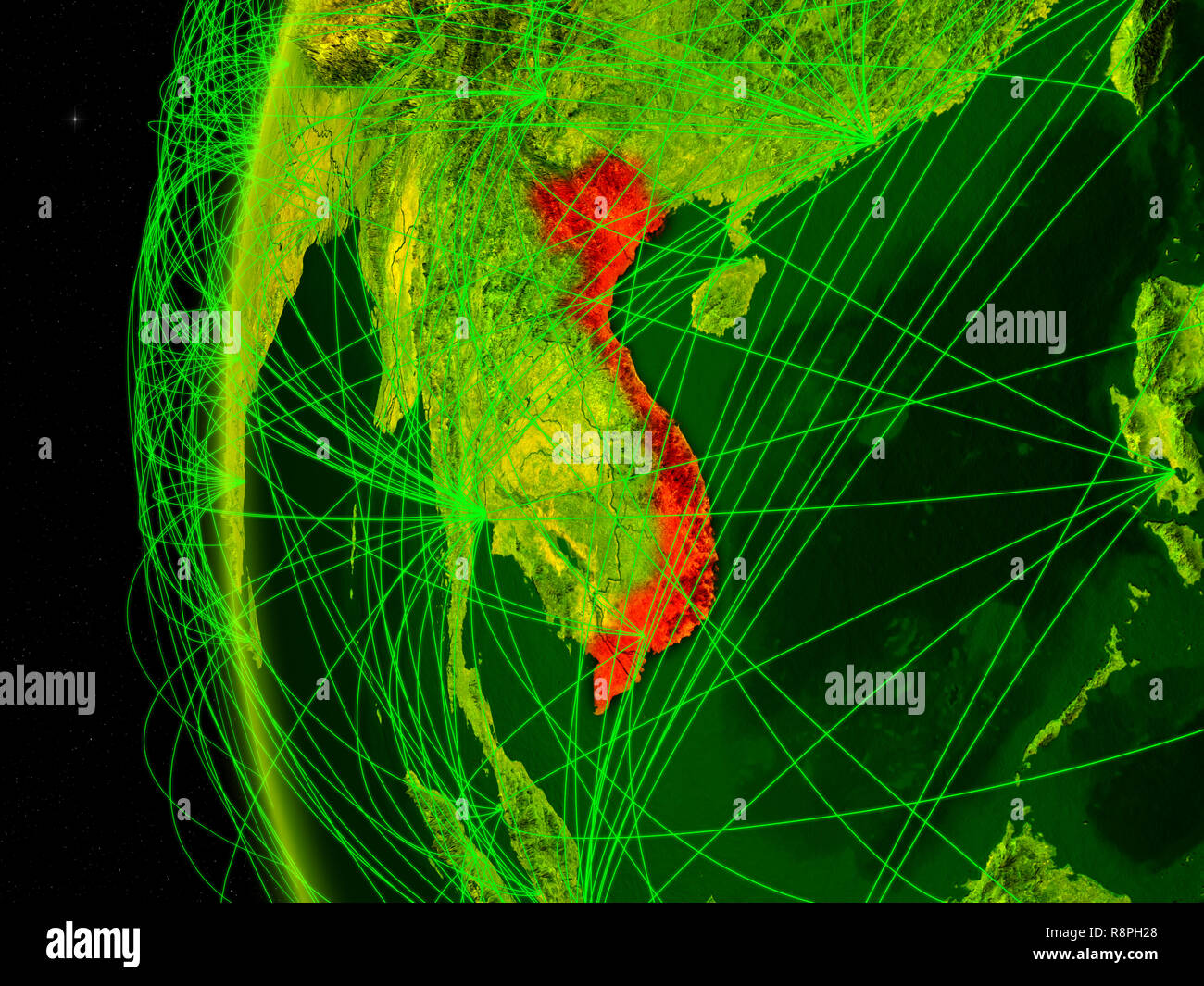 Vietnam from space on digital model of Earth with international networks. Concept of digital ...