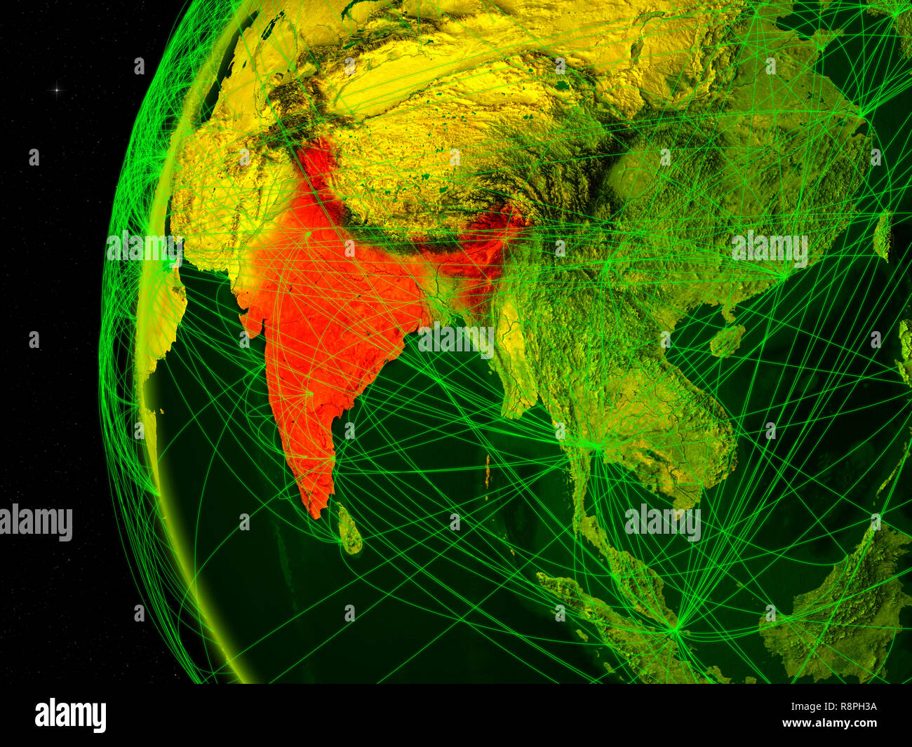 India from space on digital model of Earth with international networks ...
