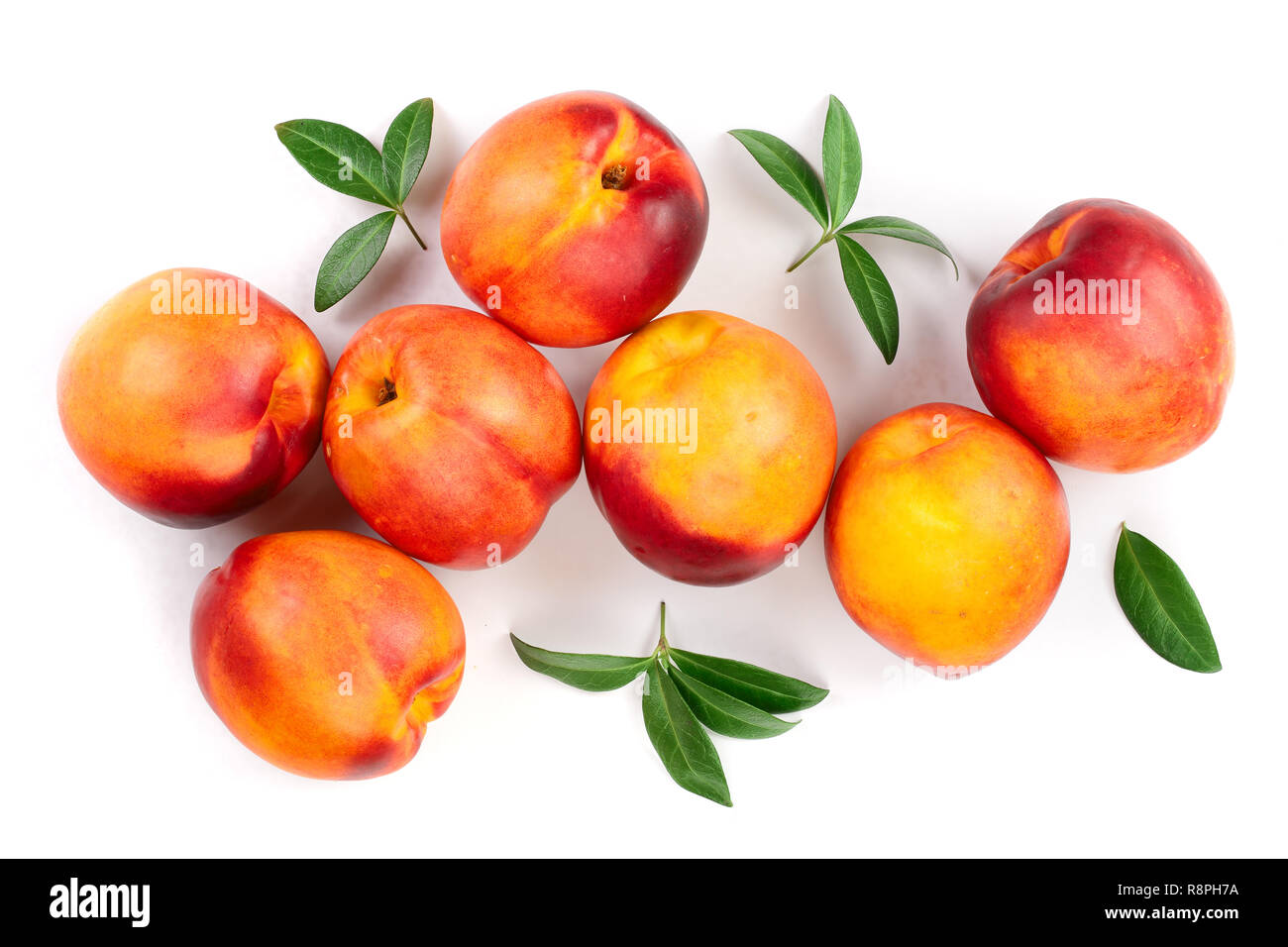 ripe nectarine with leaves isolated on white background. Top view. Flat ...