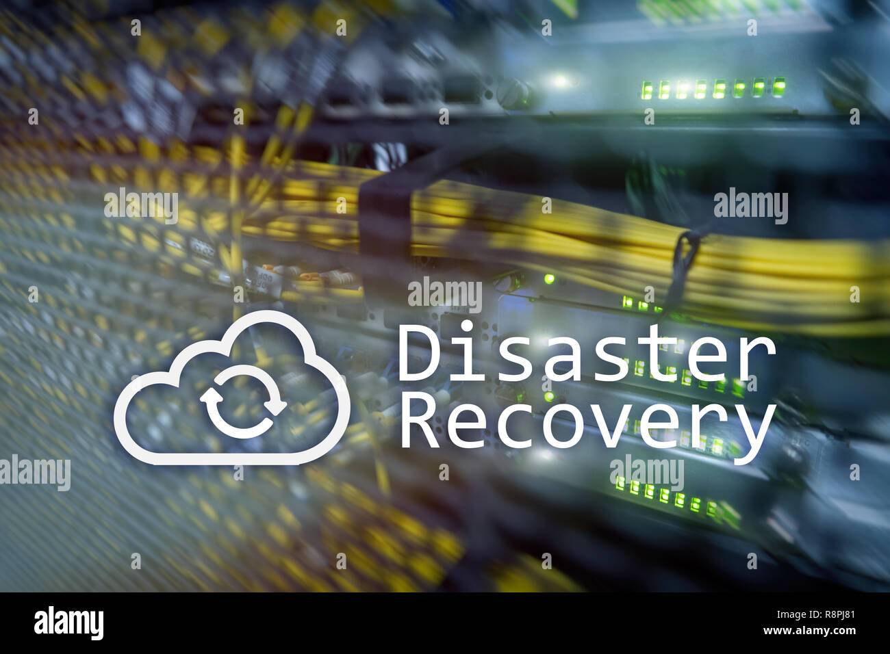 DIsaster recovery. Data loss prevention. Server room on background ...
