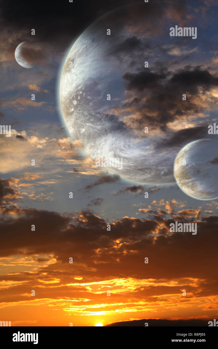 Collage - sunset in alien planet Stock Photo - Alamy