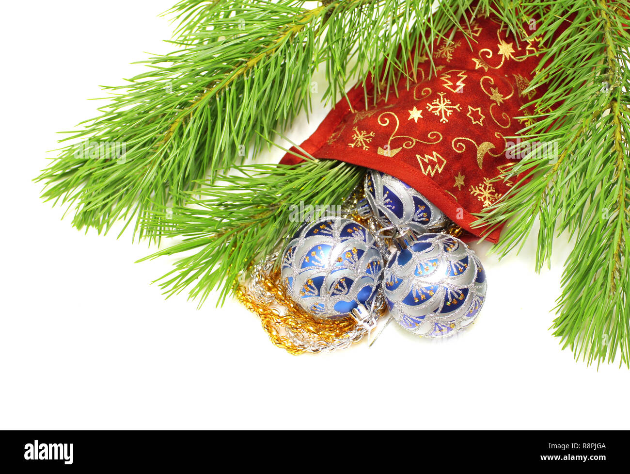 Christmas ornaments and branch of a pine. Over white Stock Photo - Alamy