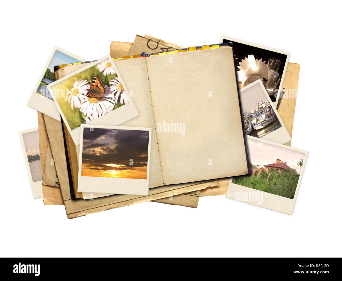 Memories - old diary and photos. Objects isolated over white Stock ...