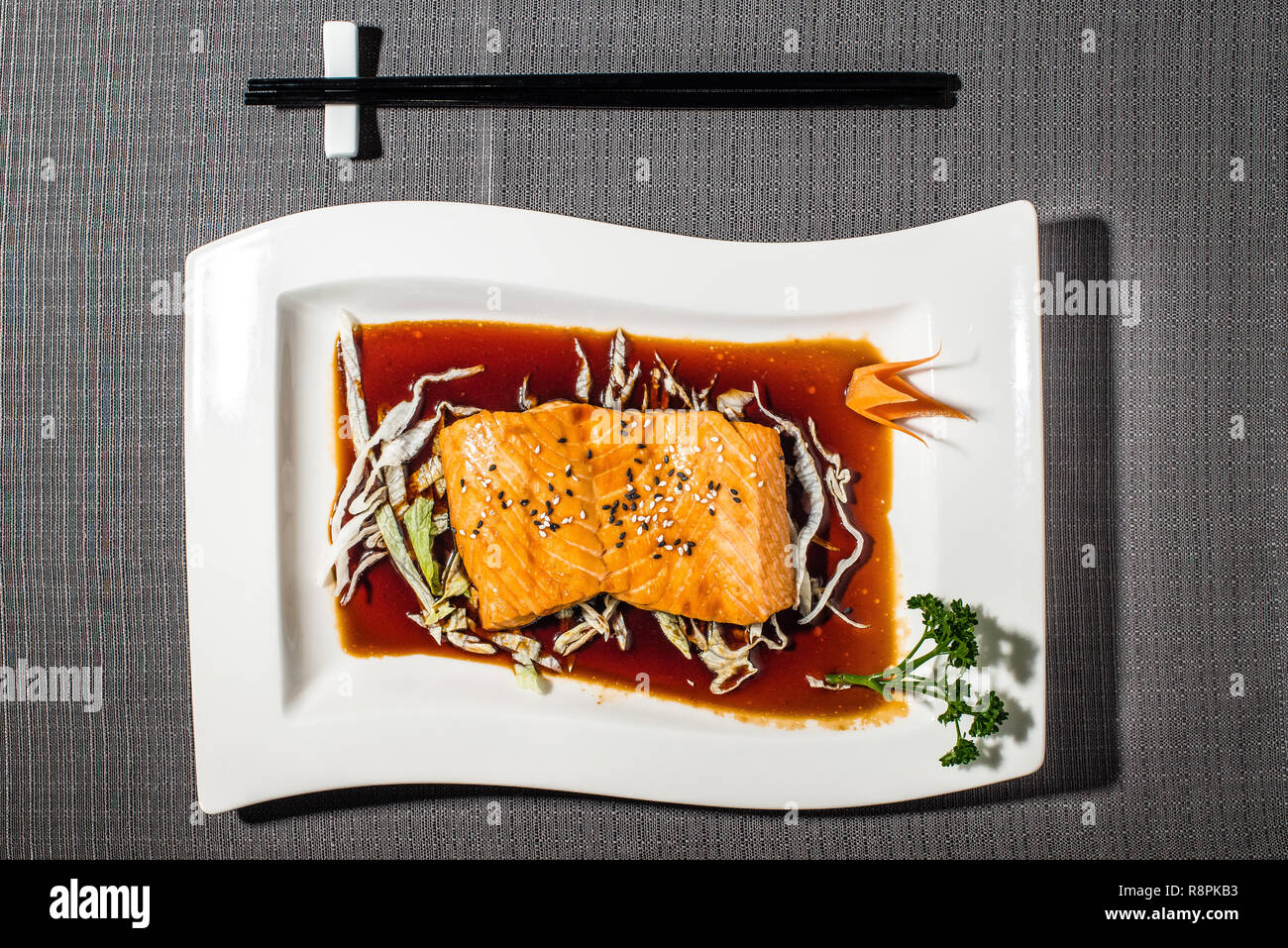 spotted salmon slice marinated in tamari sauce, asian fish cousine ...