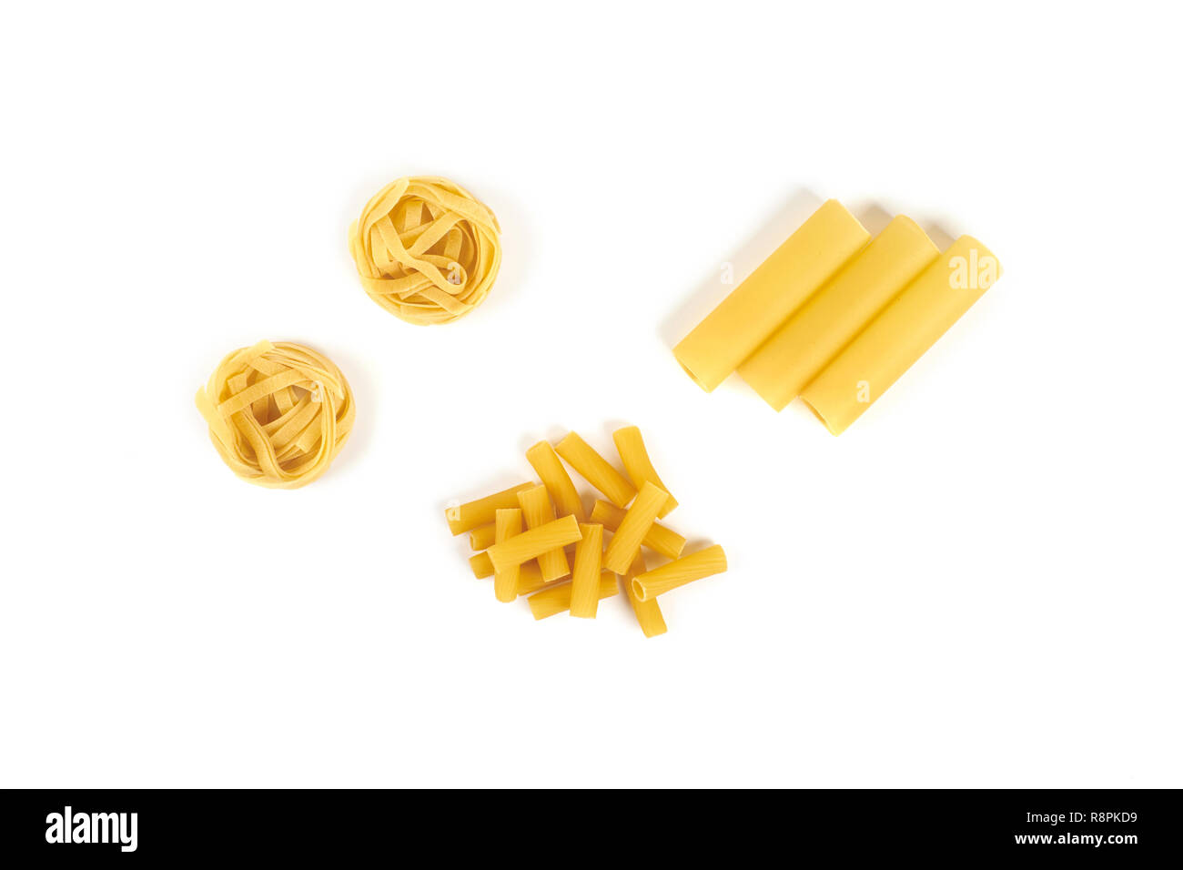 different pasta varieties isolated on white background Stock Photo - Alamy